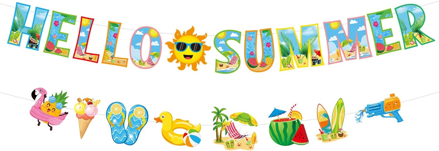 Amazon.com: PTFNY Hello Summer Tropical Beach Themed Banner, Multicolor ...
