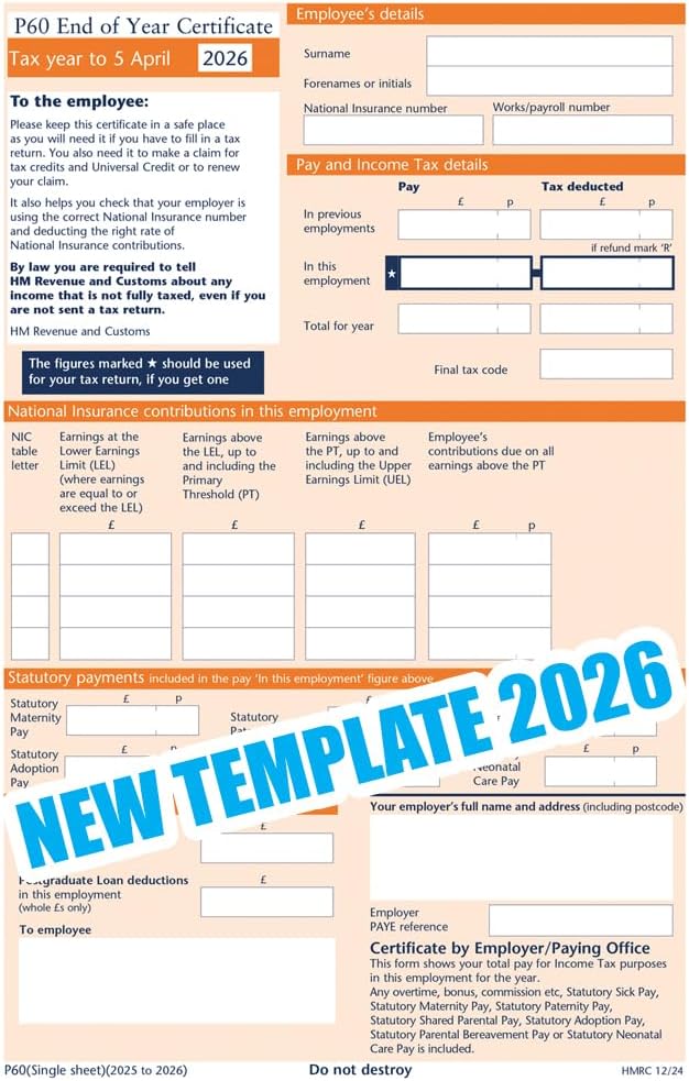 P60 © HMRC Approved Forms (x 50 Sheets) (A4 Size) 2025/26 Sage Iris/Tas ...