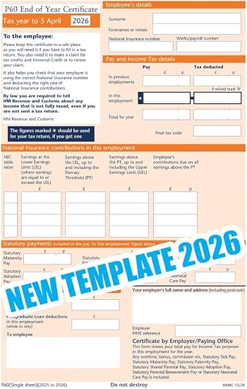 P60 © HMRC Approved Forms (x 50 Sheets) (A4 Size) 2025/26 Sage Iris/Tas ...