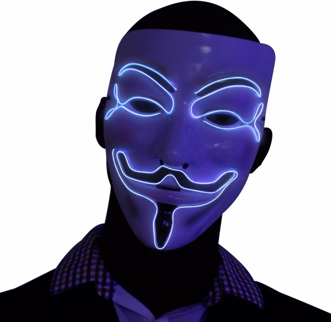 Silver V for Vendetta EL Wire LED Mask, Guy Fawkes Anonymous Mask, glow ...