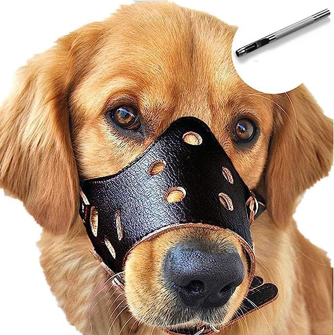 Woofy Dog Mouth Leahter Cover Muzzle Guard with Adjustable Strap Buckle ...