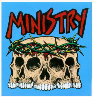 Ministry - Logo with Morphed Skulls with Barbed Wire Wreath on Blue ...