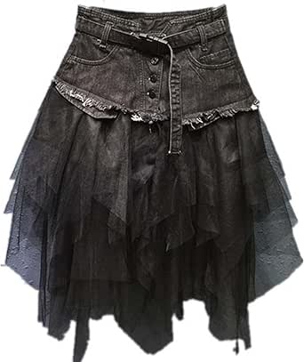 Amazon.com: LKHJ Falda de encaje de retazos de malla de mezclilla para ...