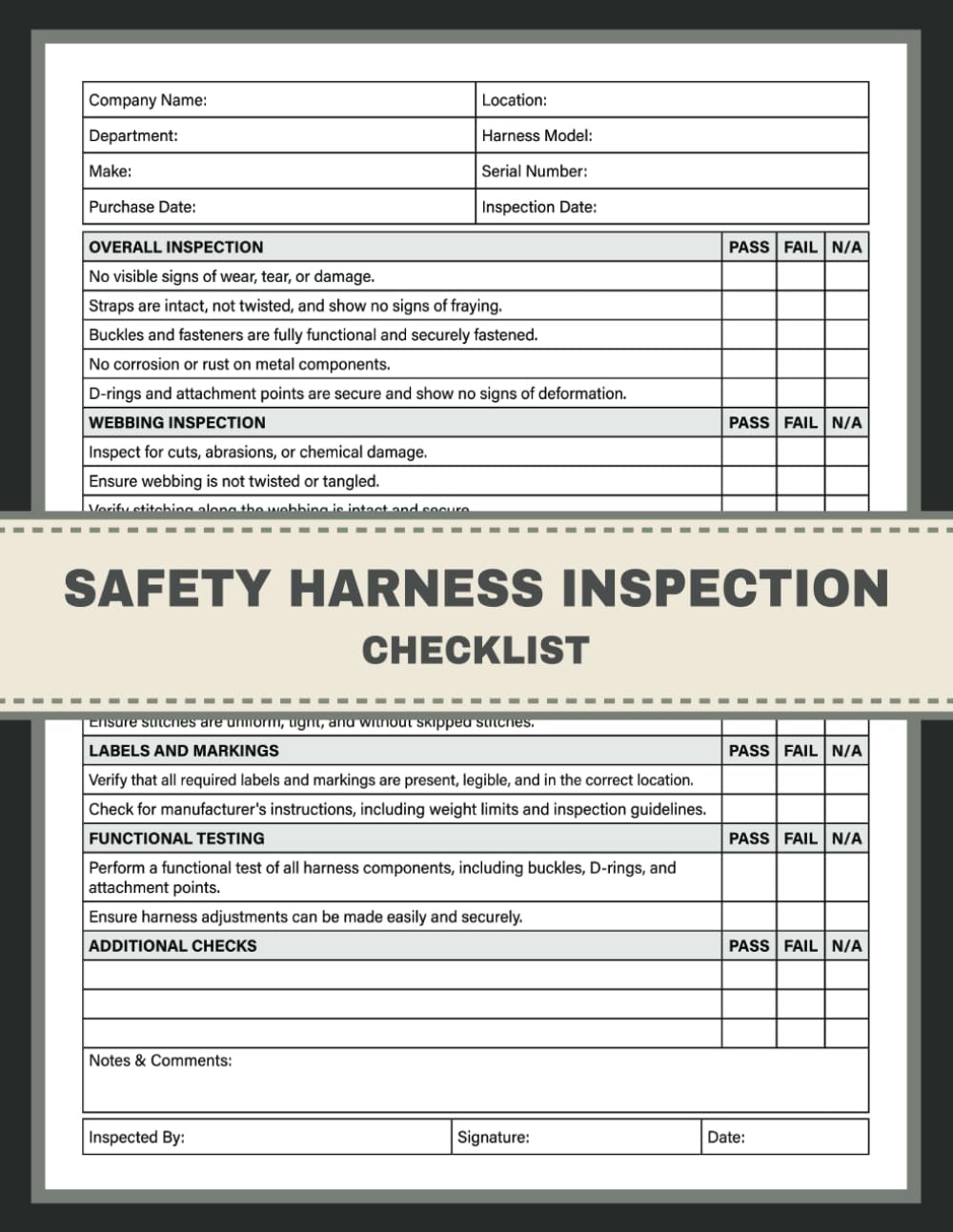 Safety Harness Inspection Checklist: Fall Protection Full Body Harness ...