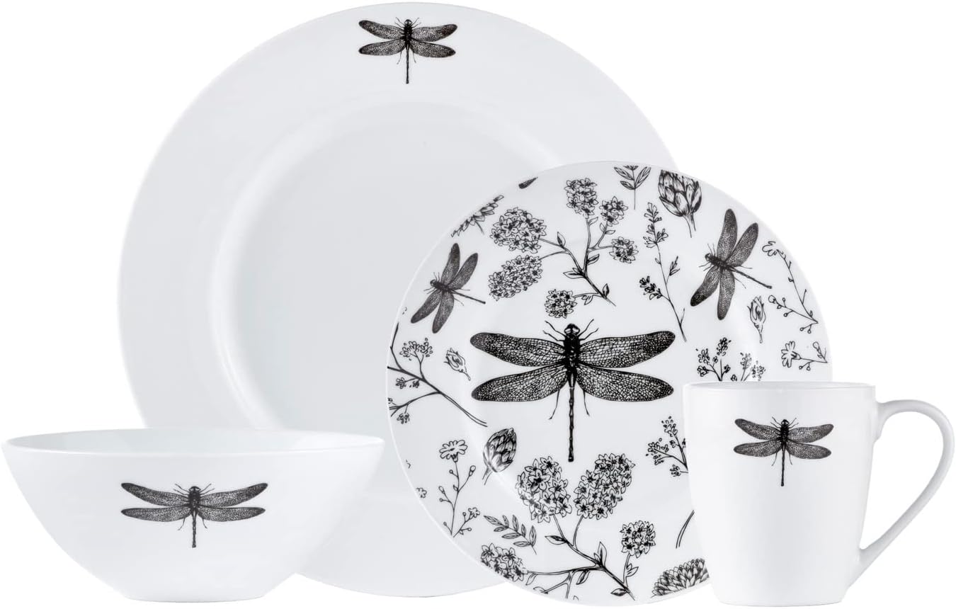 Amazon.com | Safdie & Co. Porcelain Dinnerset 16 Piece Dragonfly ...