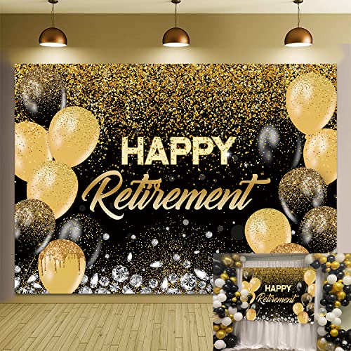 Happy Retirement Backdrop Black and Gold Glitter Balloon Retirement ...