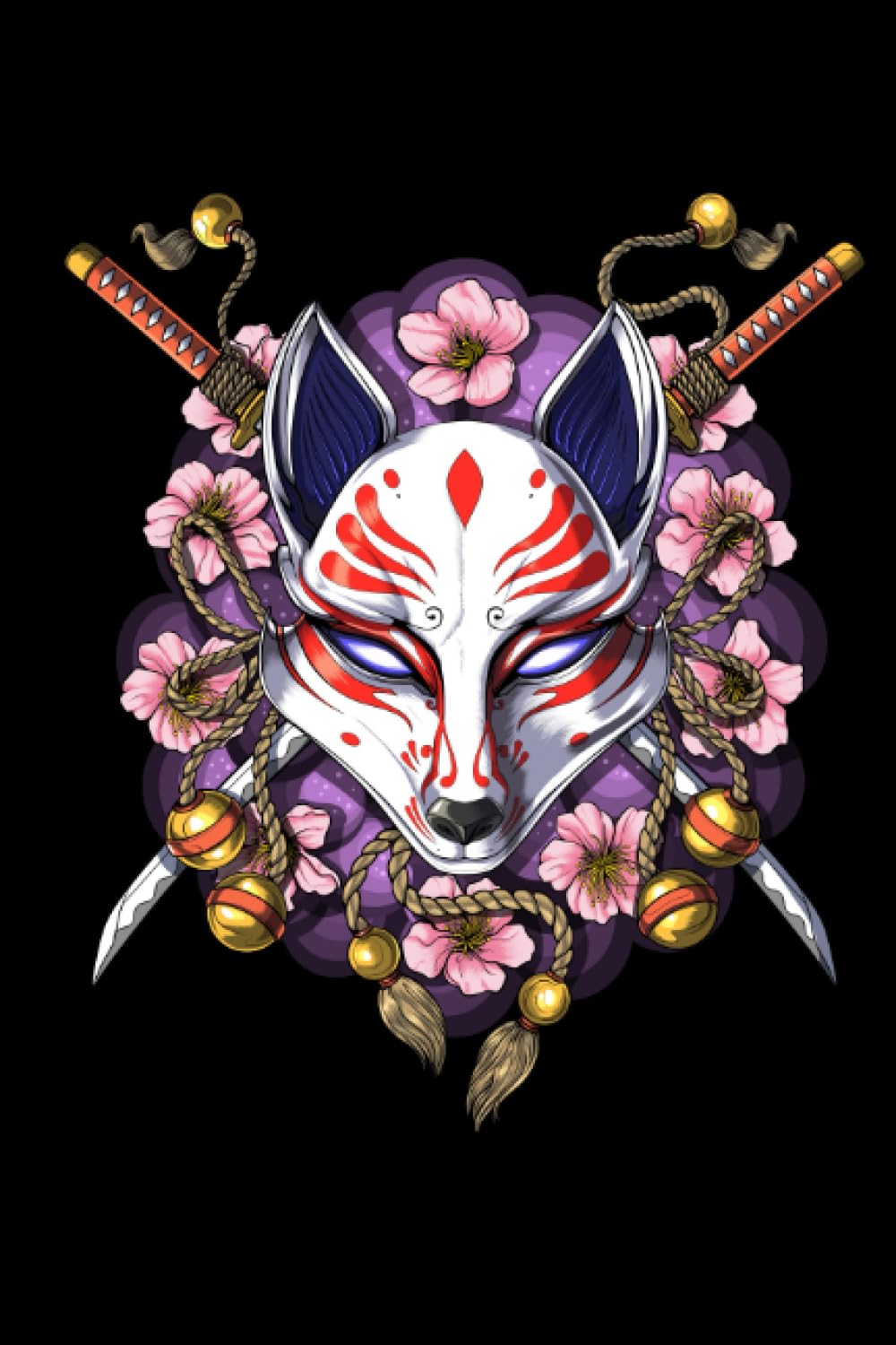 Japanese Mythology Notebook: Japanese Kitsune Fox Mask Black Lined Notebook: Mountain, Rising ...