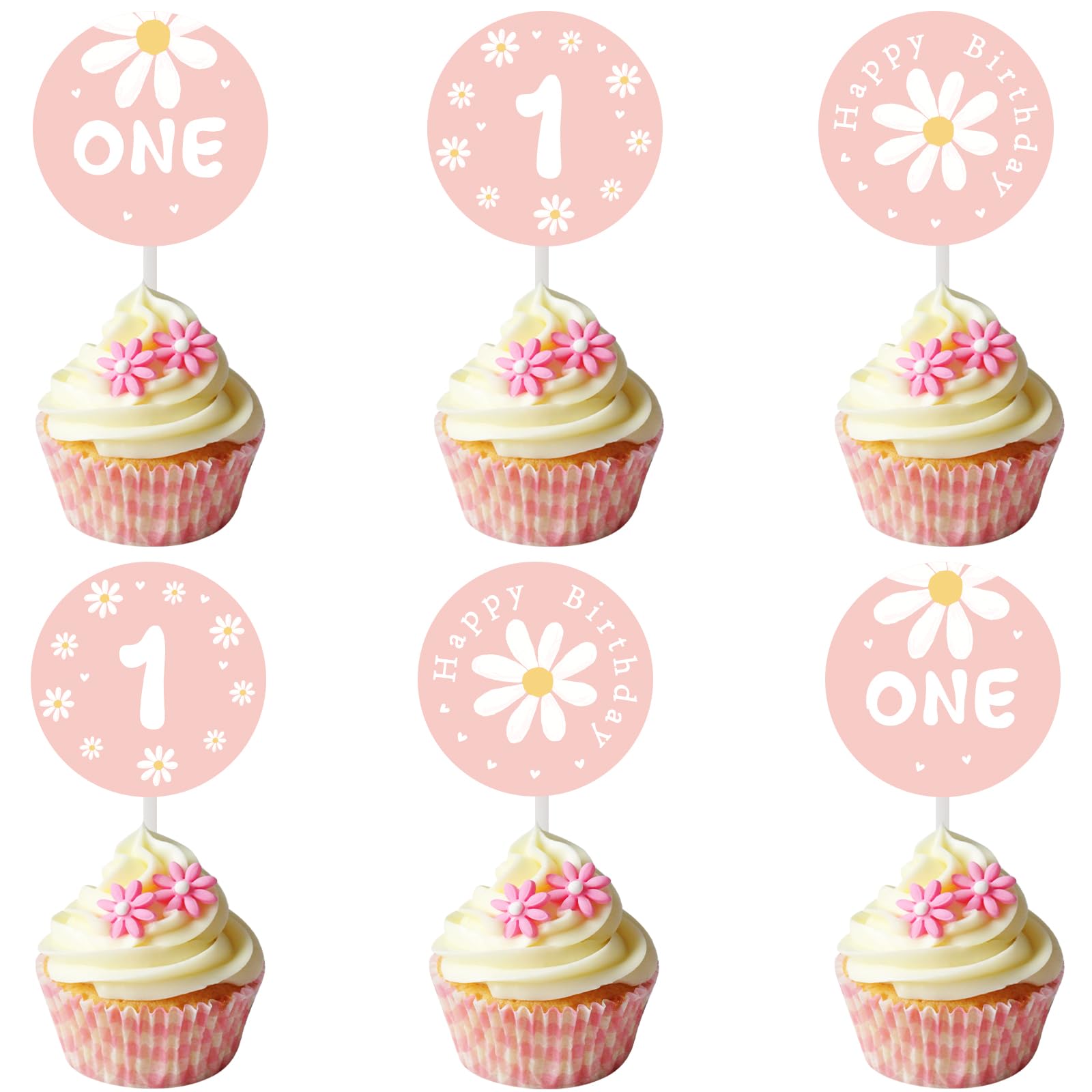 Amazon.com: 24 Pieces Daisy 1st Birthday Cupcake Toppers, Pink Groovy ...