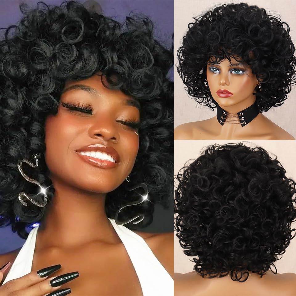 Xuehua Peluca corta y rizada negra con flequillo pelo sintético rizado ...