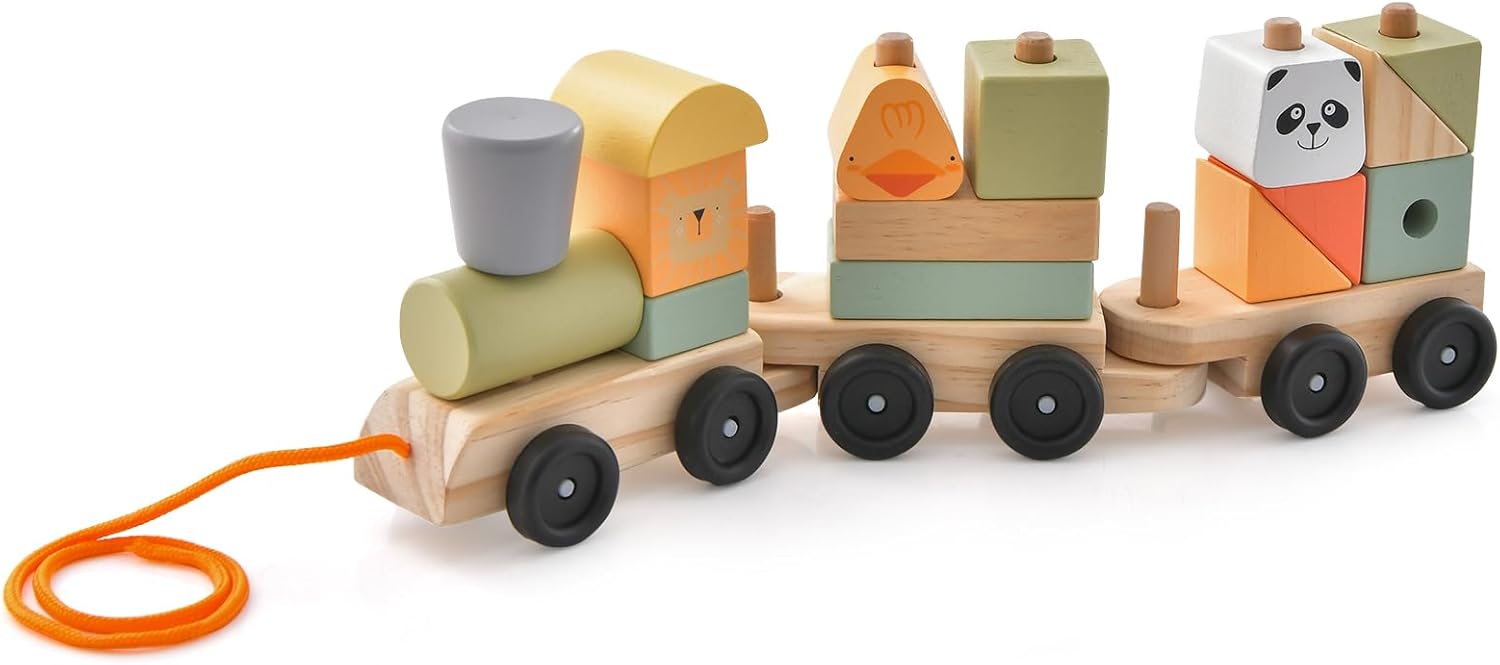 COSTWAY Trenino in Legno, Trenino Giocattolo a 3 Sezioni con Blocchi ...