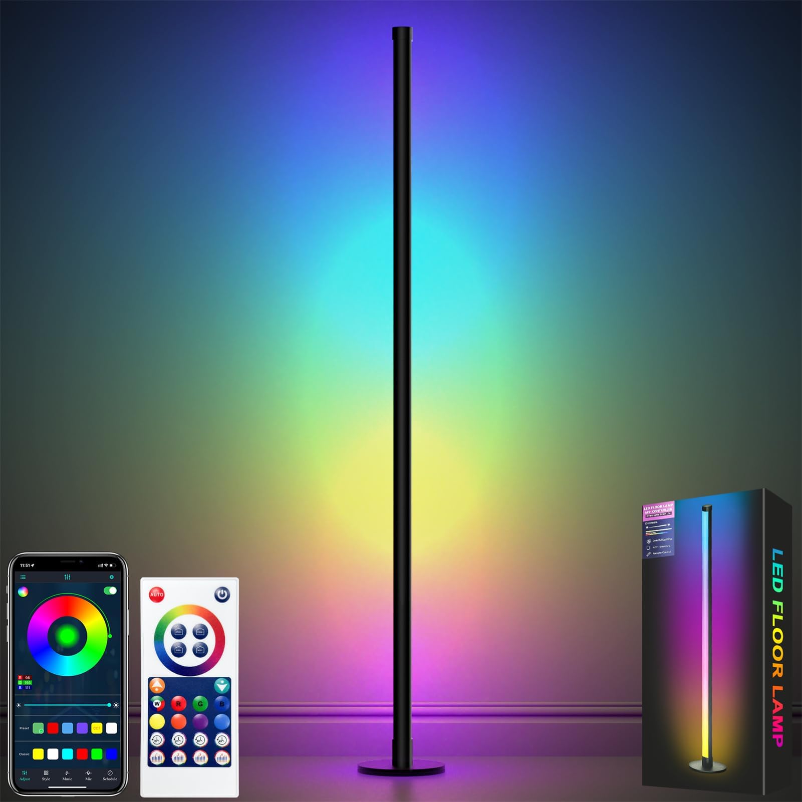 Cozylady 47” Smart RGB Floor Lamp, LED Corner Lamp with Music Sync,16 ...