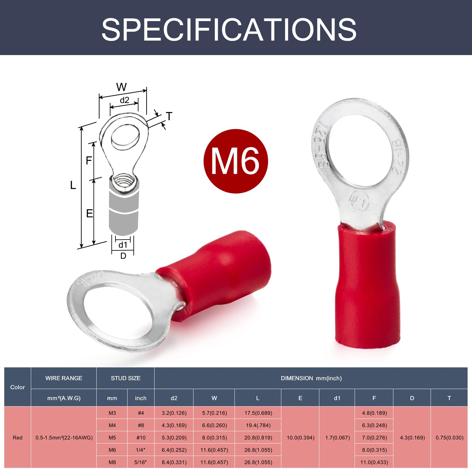 Snapklik.com : Chanzon 100pcs Red Ring Terminals - M6 1/4" Inch - UL ...