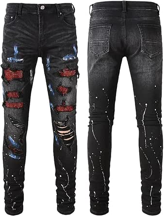 Mens Red Crystals Patchwork Jeans Skinny Stretch Tight Fit Distressed ...