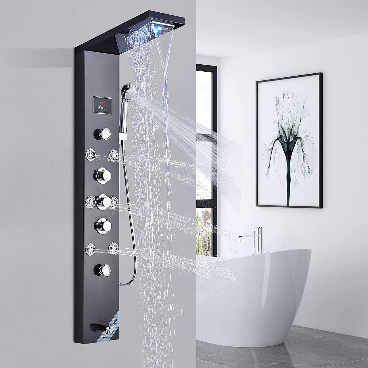 LED Shower Panel Rainfall Waterfall with Handheld Shower Matte Black 6 ...