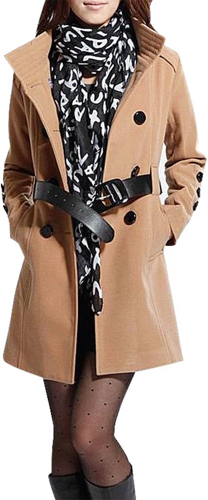 MONIQUE Women's Double Breasted Trench Coat Warm Black Wool Blend ...