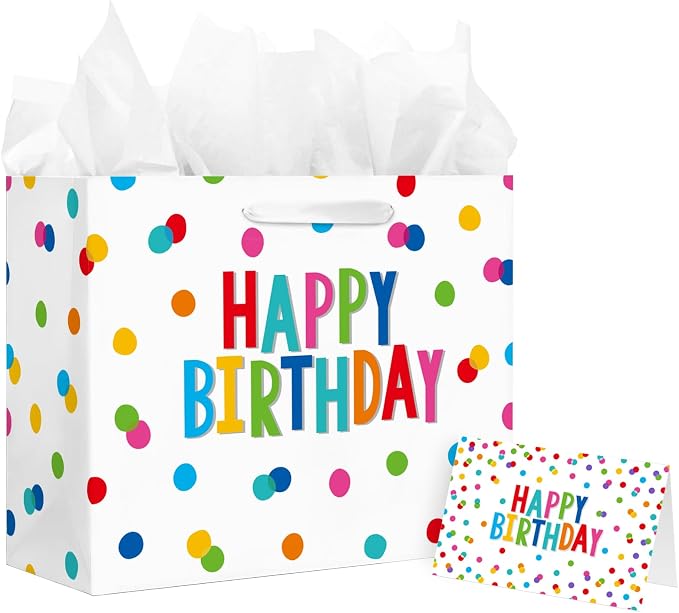 Amazon.com: Happy Birthday Gift Bag with Card & Tissue Paper - Dots ...