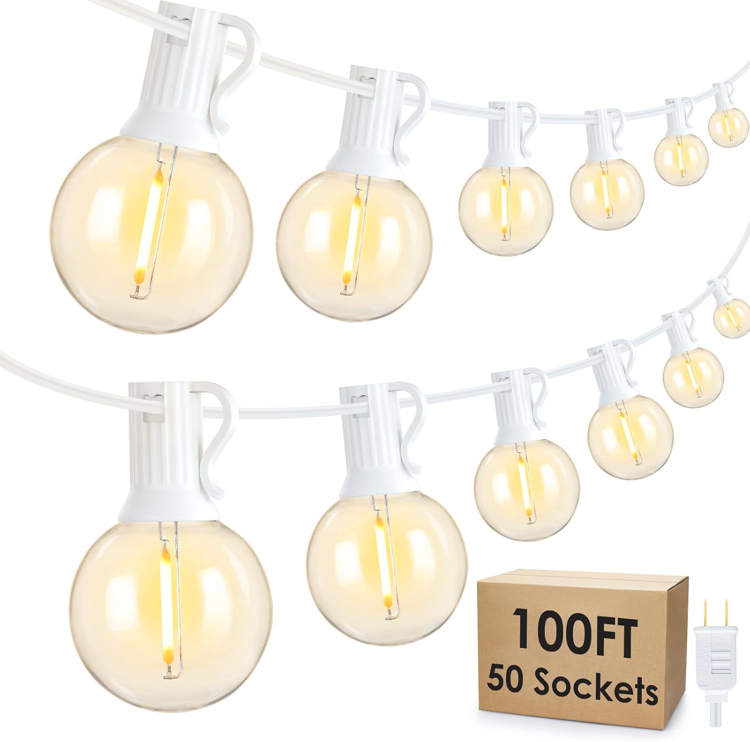 Mlambert 100Ft LED Outdoor String Lights, Dimmable Waterproof G40 Globe ...