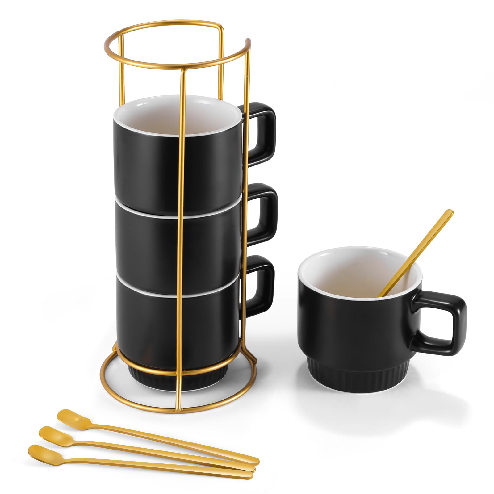 LURRIER Porcelain Large Stackable Coffee Mug Set with Rack and Wooden ...