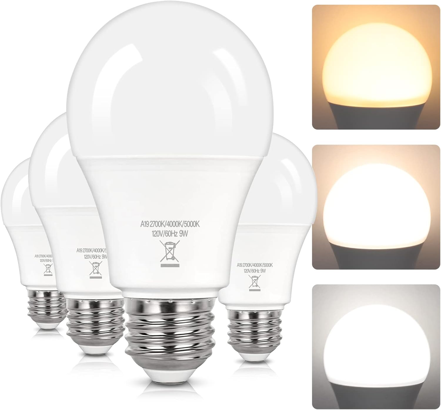 PARTPHONER A19 LED Light Bulbs, 60W Equivalent Efficient 9W LED Bulb, 3 Color Light Modes Light ...