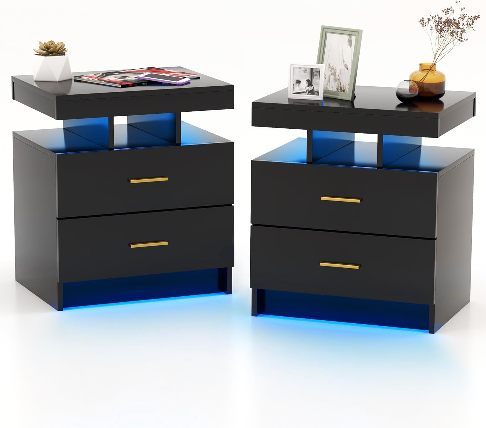 COSTWAY LED Bedside Table, High Gloss Smart Nightstand Sofa Side Table ...