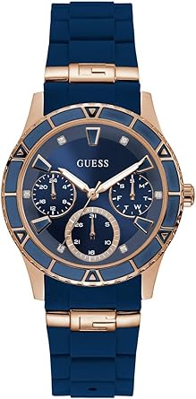 Amazon.com: GUESS Rose Gold-Tone + Iconic Blue Stain Resistant Silicone ...