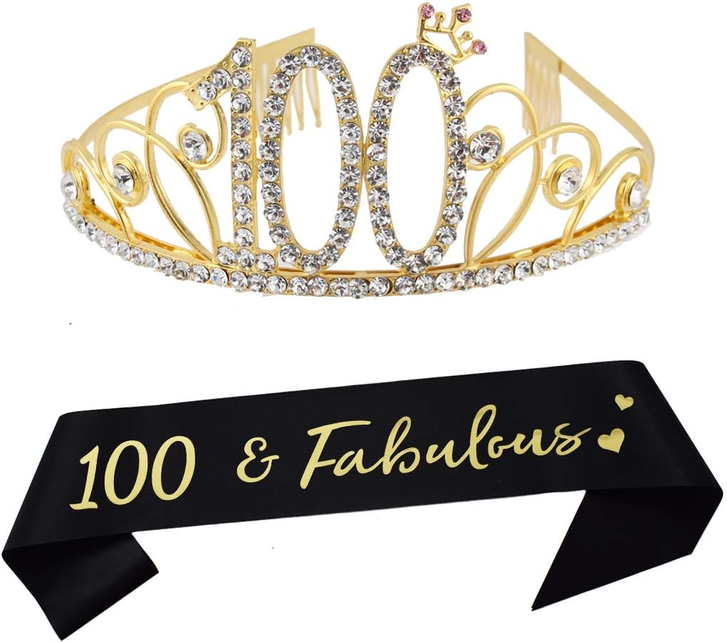 Amazon.com: Dgasin 100th Birthday Tiara and Sash Happy 100th Birthday ...