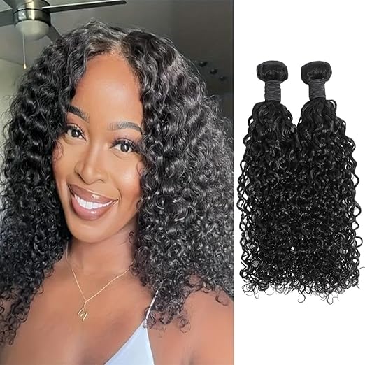 Amazon.com : Gemmrnny Human Hair Bundles Deep Water Wave, 14 16 Inch 2 Curly Bundles Human Hair ...