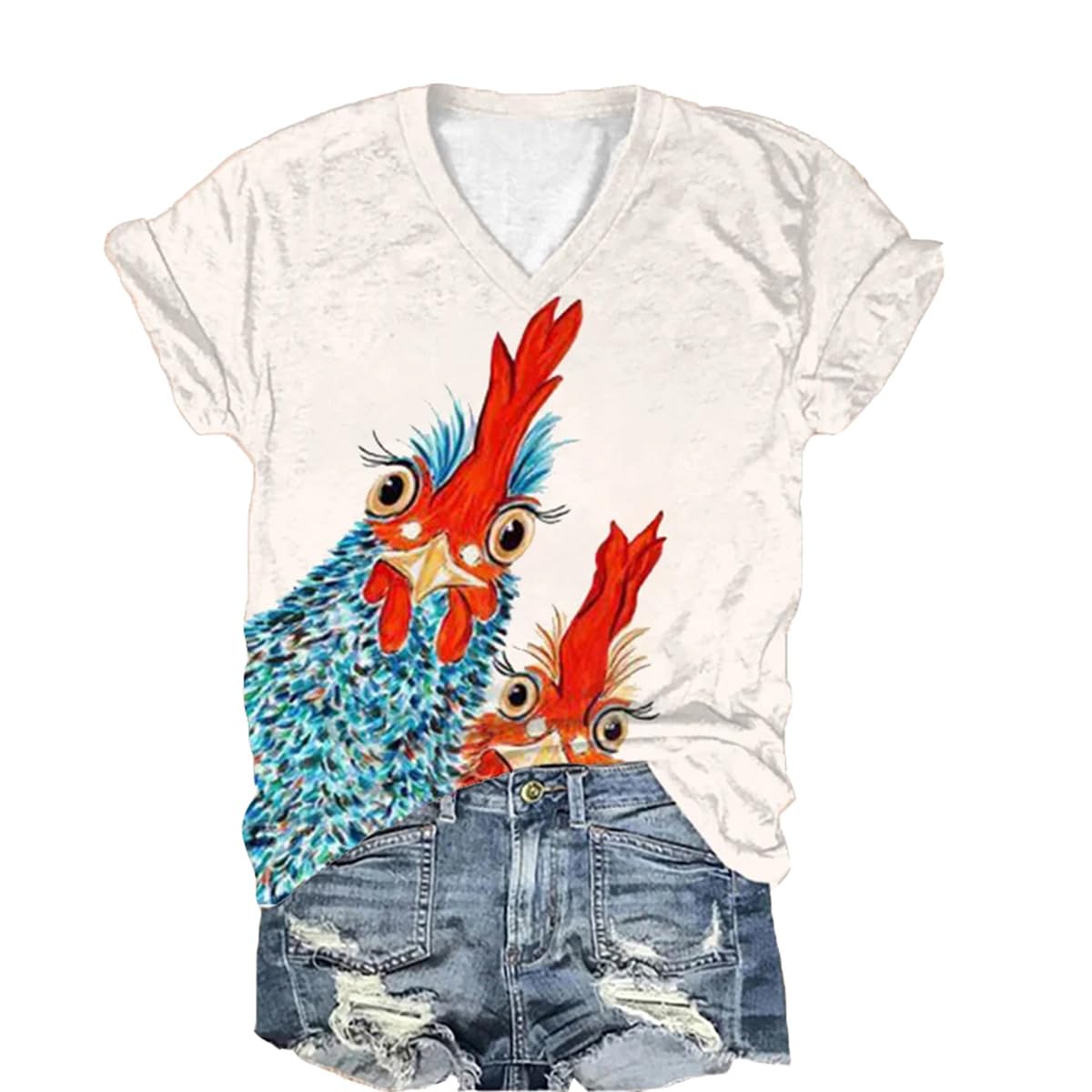 Women's Fun Chicken Print V-Neck T-Shirt Summer Short Sleeve Cute ...