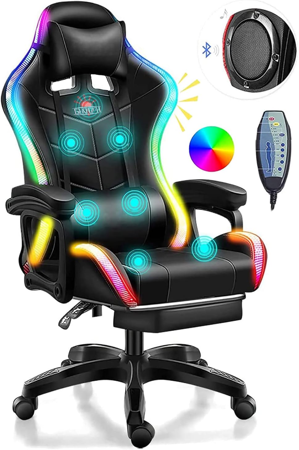 Gaming Chair with LED Light, Full Massage Gaming Chair with Speakers ...