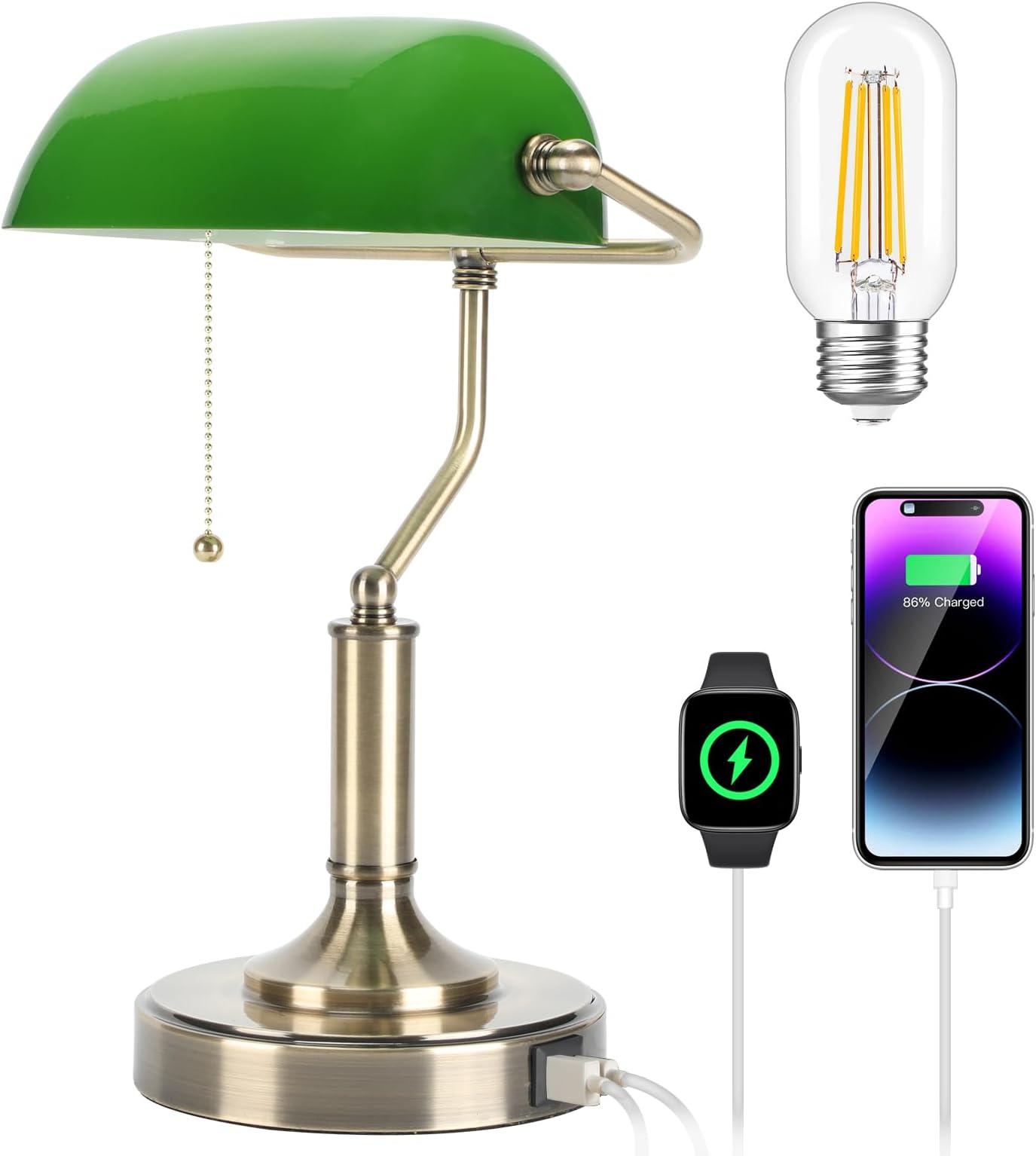 LINNMON Bankers Lamp, Green Desk Lamp with Pull Chain Switch, Retro ...