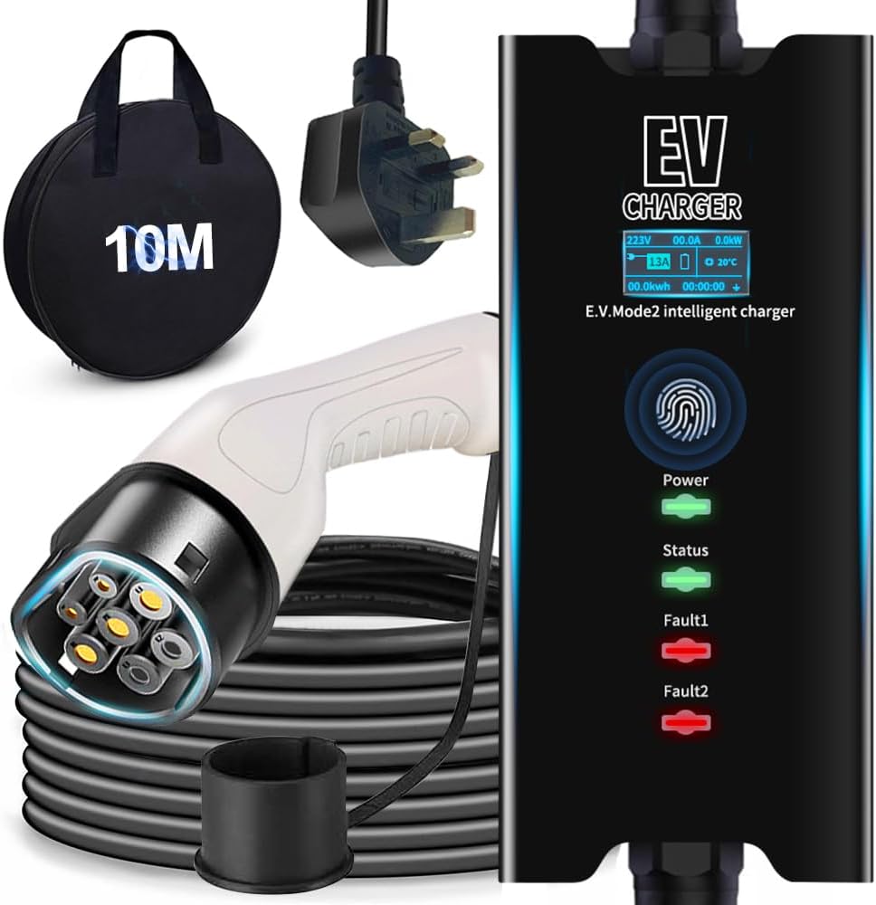 EV Charger Type 2 UK 3 Pin 10 M,Portable 8~13A Type 2 Charging Cable ...