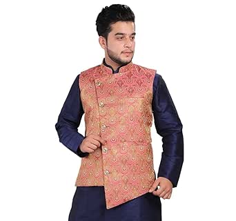 Buy ZYMIN Men’s Pink Nehru Jacket Traditional Brocade Sleeveless ...
