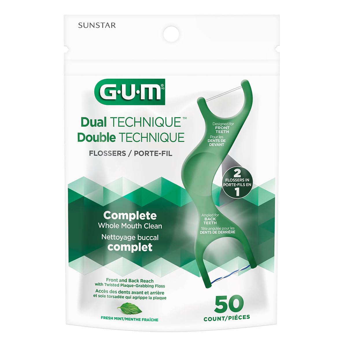 GUM Dual Technique Flosser Picks, Complete Whole Mouth Clean, Front and ...