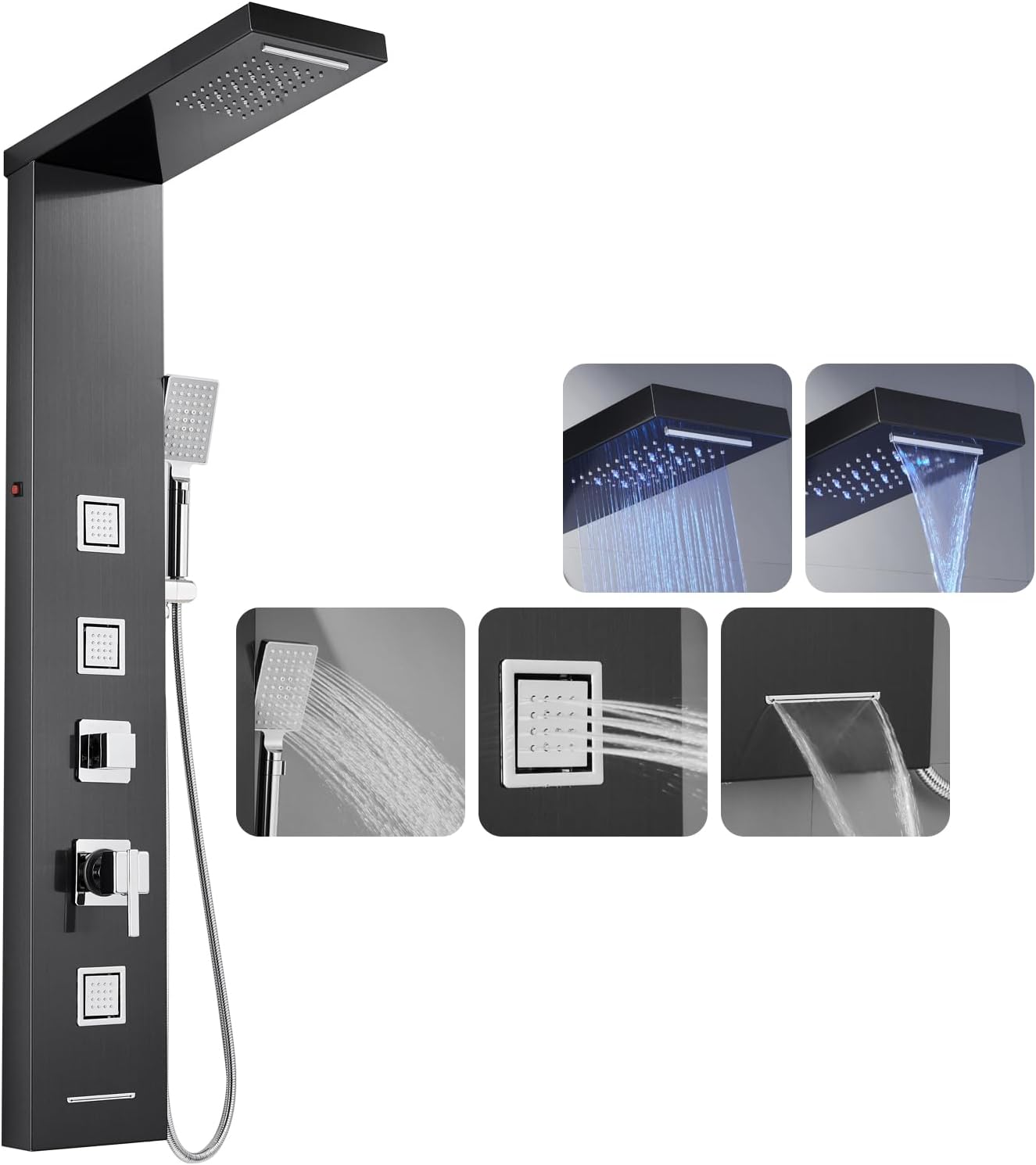 ROVOGO Shower Panel Tower System with LED Lights - Black Shower Column with Rainfall Waterfall ...