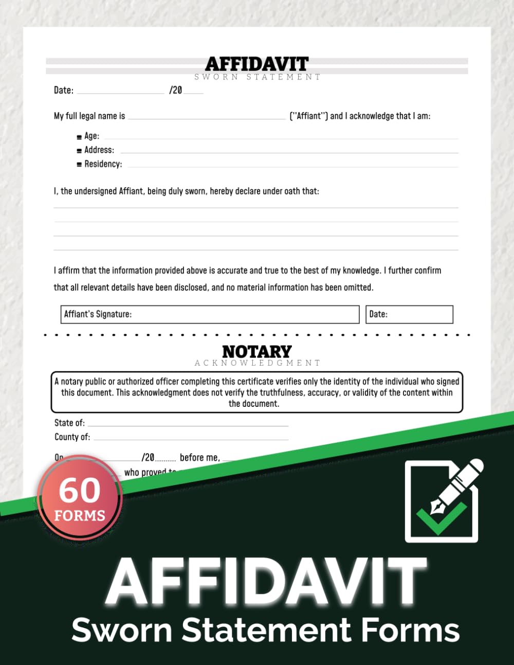 Affidavit Sworn Statement Forms: Notary Acknowledgment Record Logbook | 60 Forms, 120 Single ...