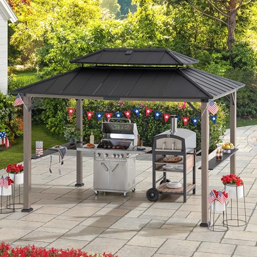 Sunjoy Wooden Grill Gazebo, 8 x 12 ft. Steel Hardtop Gazebo with Solar ...