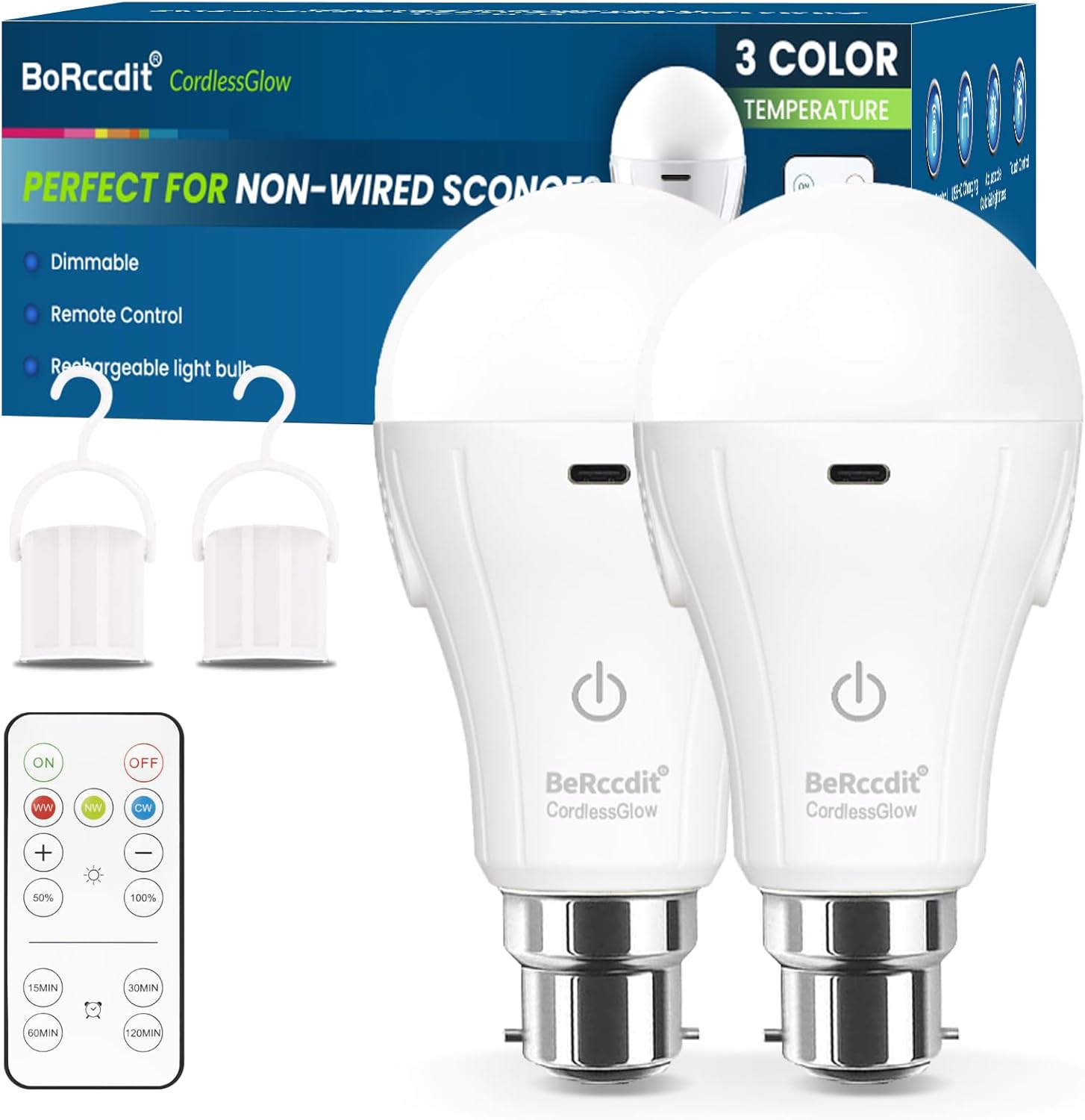 BoRccdit CordlessGlow Rechargeable Light Bulb B22, Dimmable & 3-Color ...