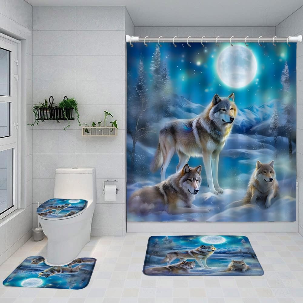 Amazon.com: 4 Piece Forest Wolf Shower Curtain Sets Full Moon Colorful ...