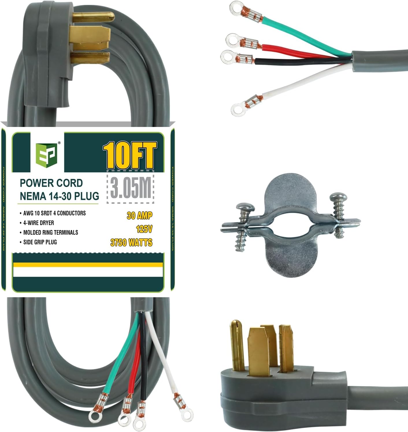 Amazon.com: EP 4 Prong Dryer Cord, 10 ft 10/4 SRDT, 30Amp Appliance ...