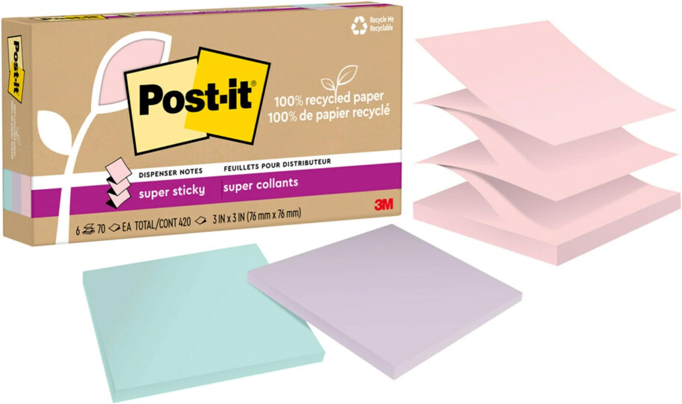 Post-it 100% Recycled Paper Super Sticky Notes, 2X The Sticking Power ...