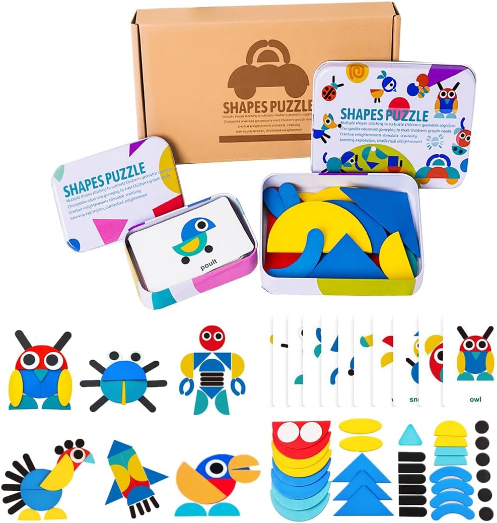 Amazon.com: 98pcs Wooden Shape Puzzle Pattern Blocks Toys Set, Wooden ...