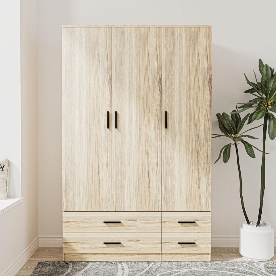 URBNLIVING Modern 3 Door 4 Drawer Wardrobe with Hanging Rail, Bedroom ...