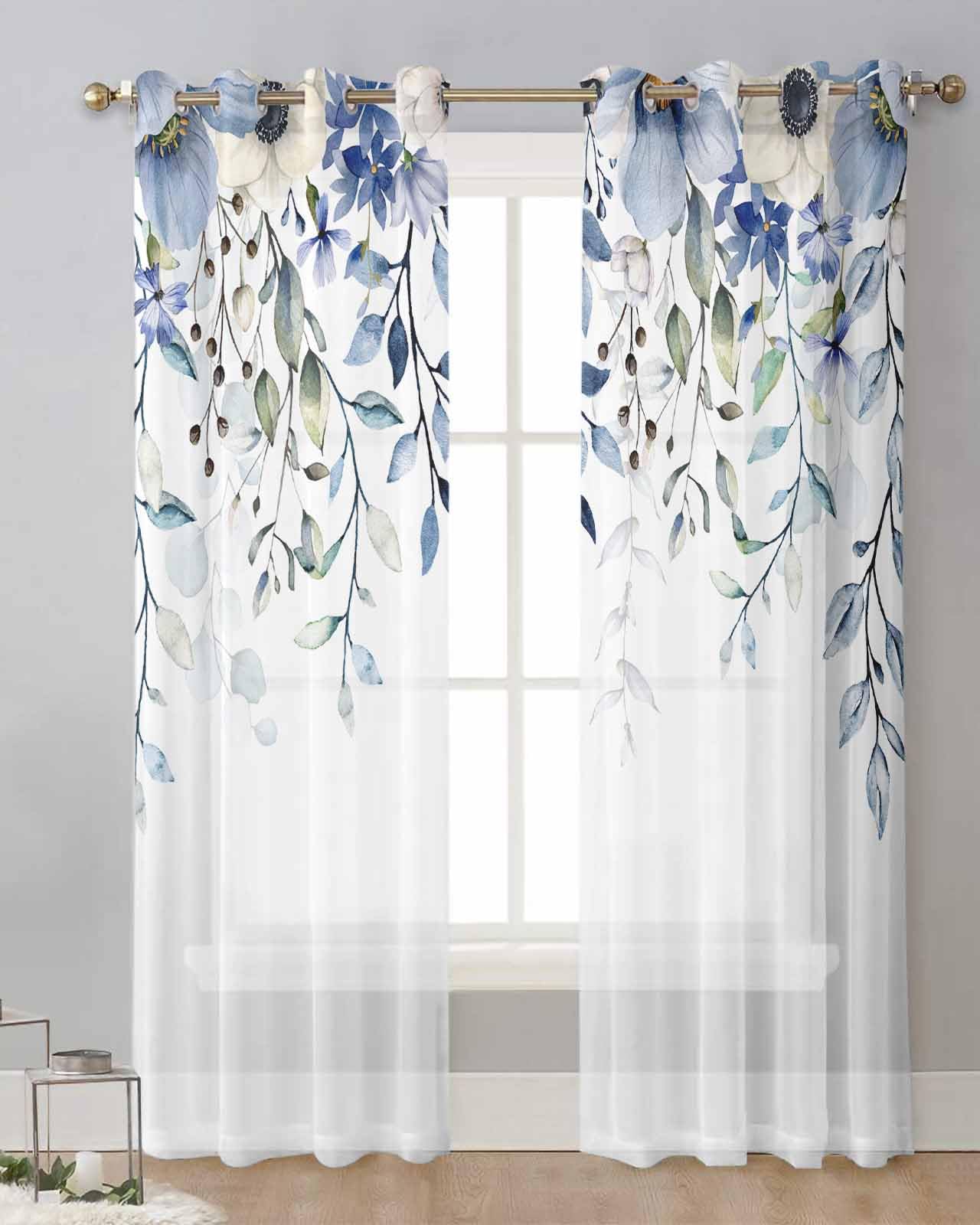Amazon.com: Blue Floral Sheer Curtains 84 Inches Long 2 Panels Set ...