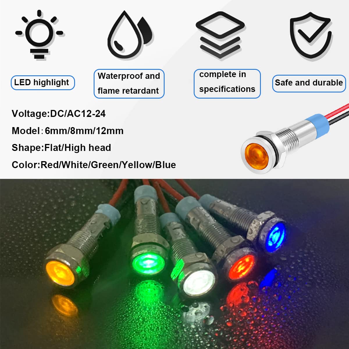 smseace 5PCS Yellow AC/DC12-24V LED Indicator Lights 1/4‘’(6mm ...