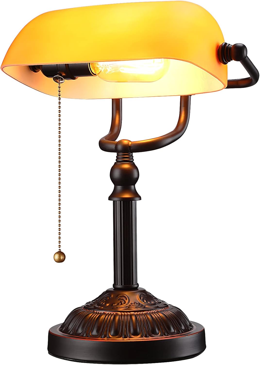 TORCHSTAR Bankers Desk Lamp with Pull Chain Switch, Amber Glass Shade ...