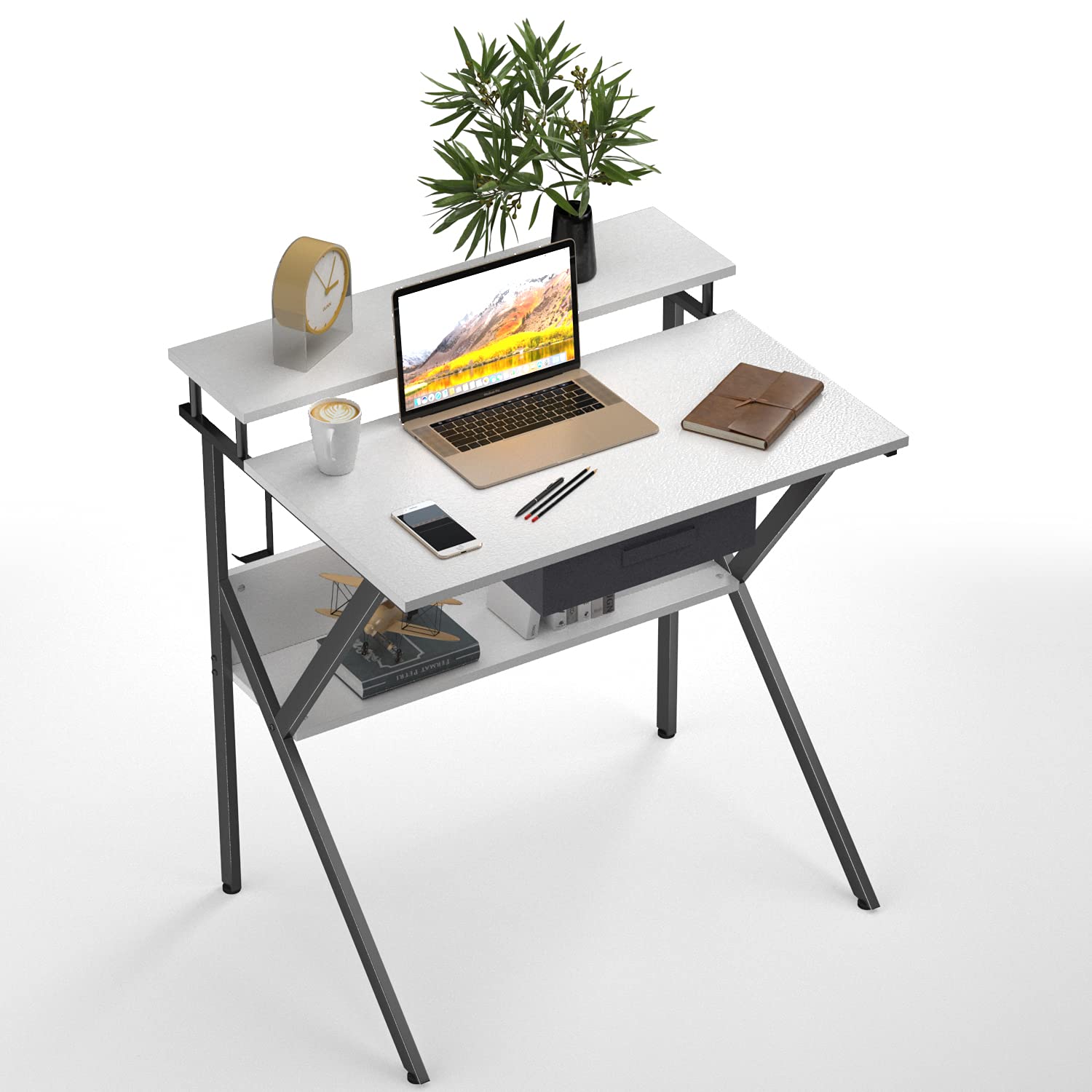 Aludest Computer Desk with 2-Tier Shelf Table for Small Spaces,Home ...