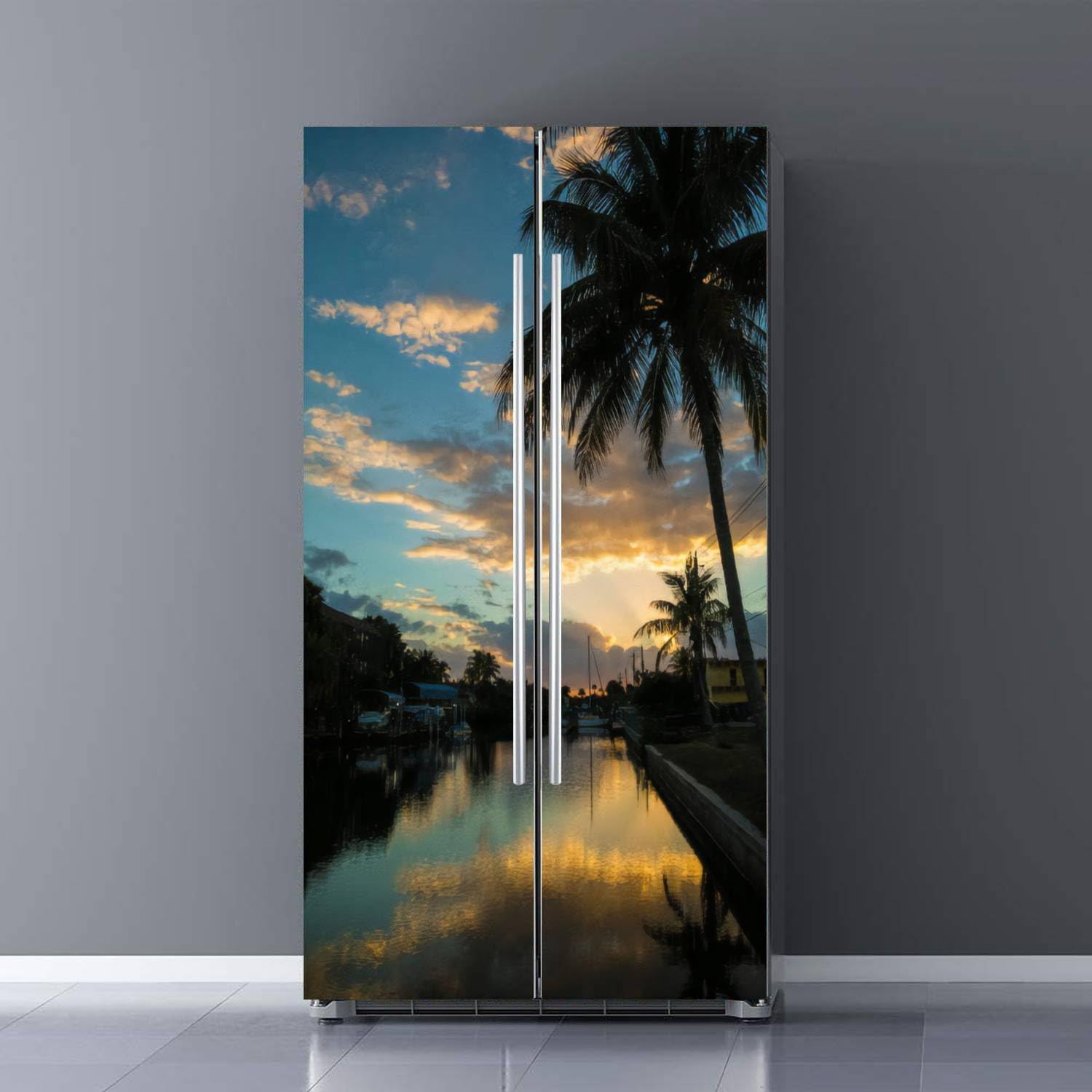 Self Adhesive Vinyl Refrigerator Wrap Set Canal Sunset Door Mural ...