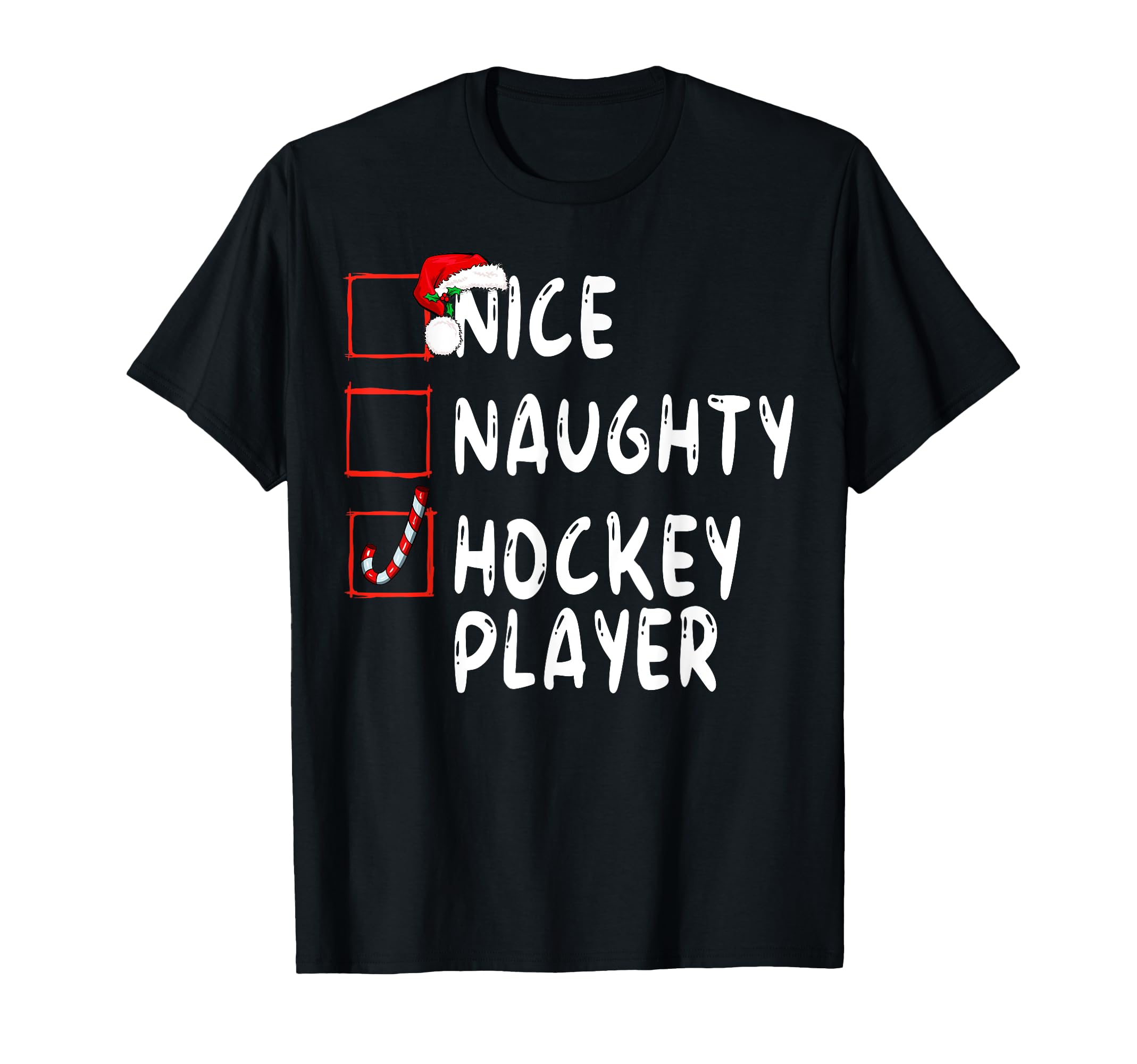 Amazon.com: Nice Naughty Hockey Player Christmas Santa Claus T-Shirt ...
