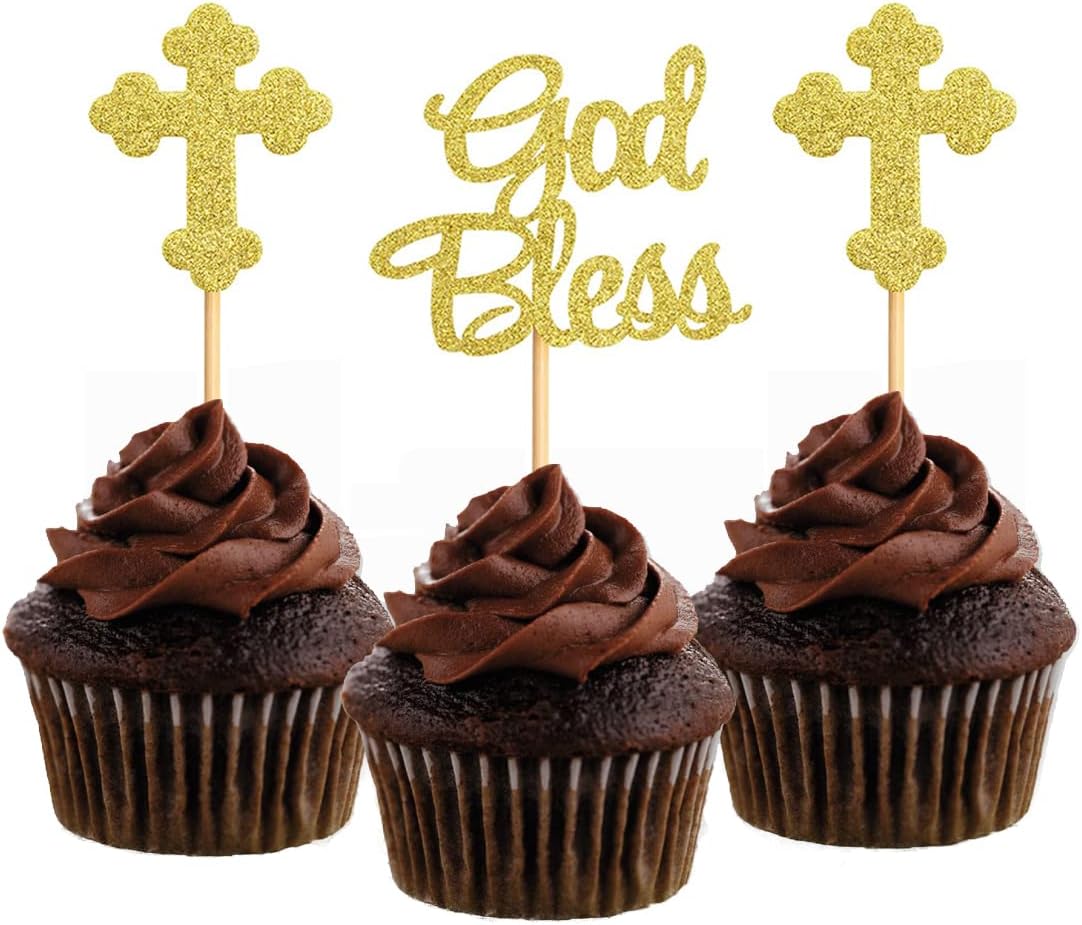 Amazon.com: Morndew 24 PCS Gold Godbless Cross Cupcake Toppers with ...
