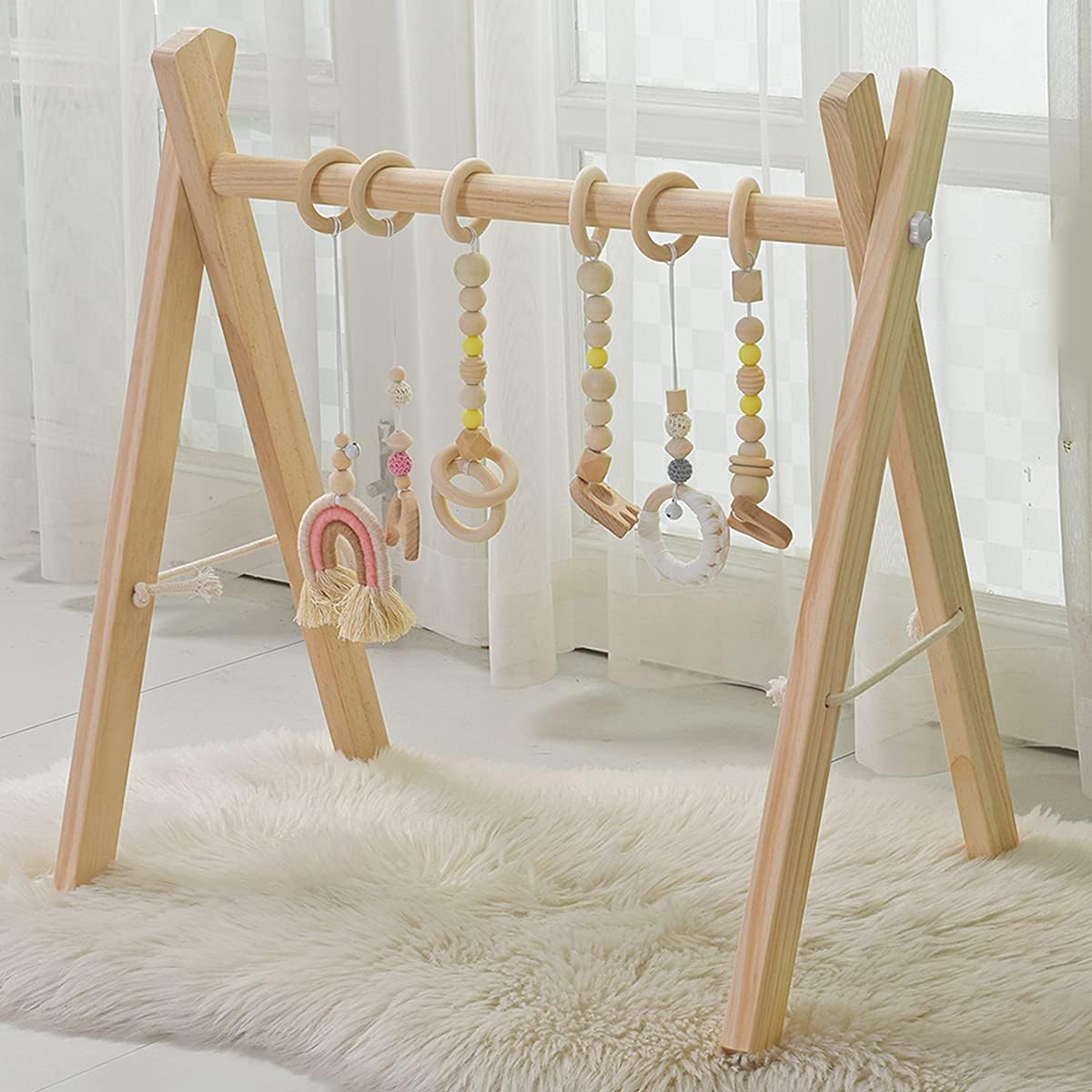 OMIKRAFTO Baby Play Gym, Wooden Play Gym with 6 Toys, Foldable Baby Gym ...